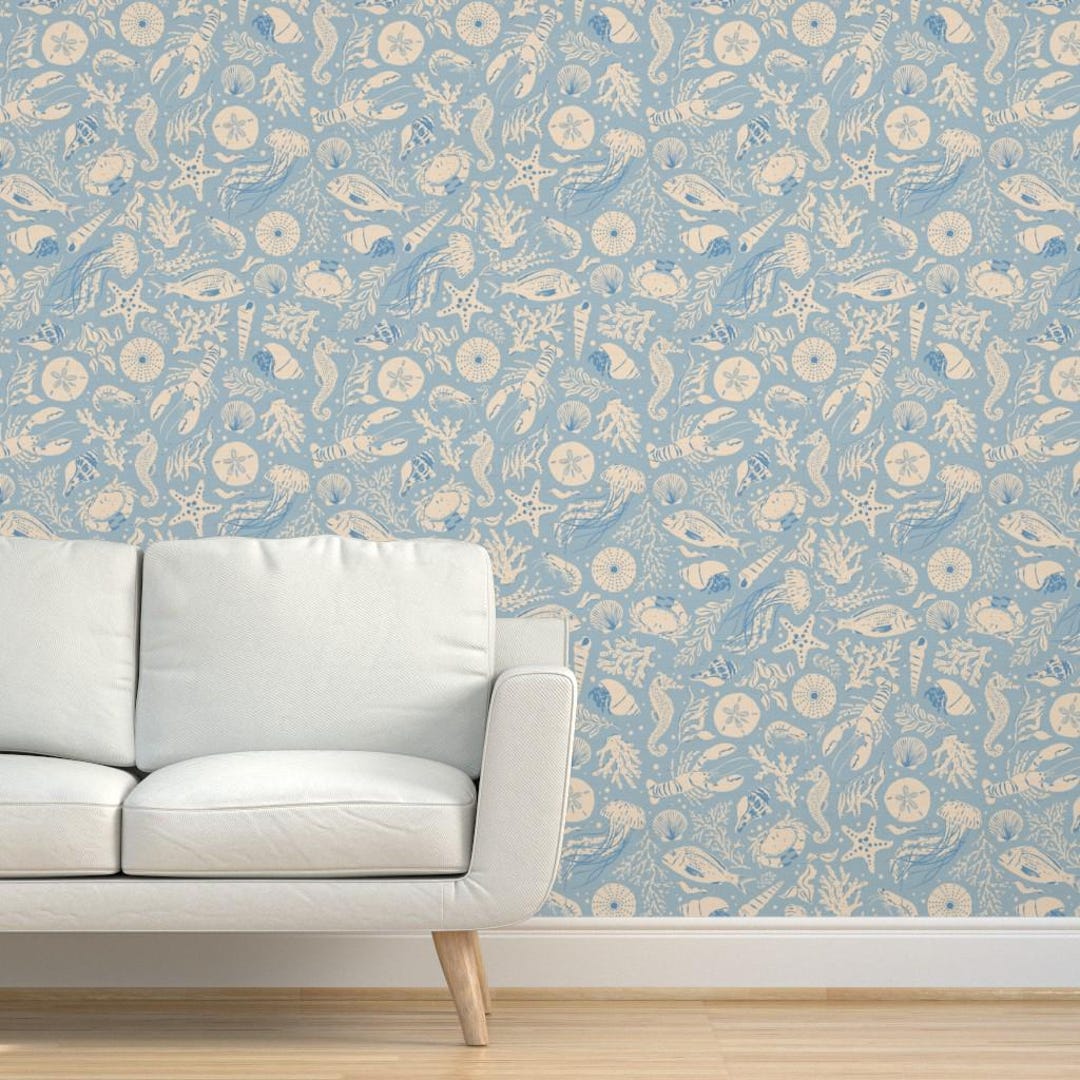 Baby Blue Beach Textured Grasscloth Wallpaper - Nautical Crab Sea Life ...