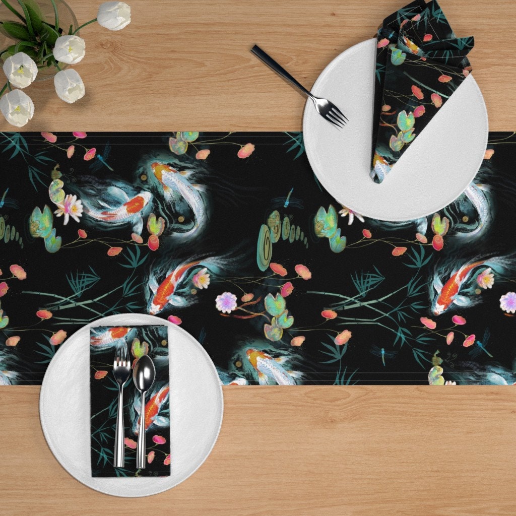 Koi Pond Table Runner Japanese Water Garden Black by | Etsy