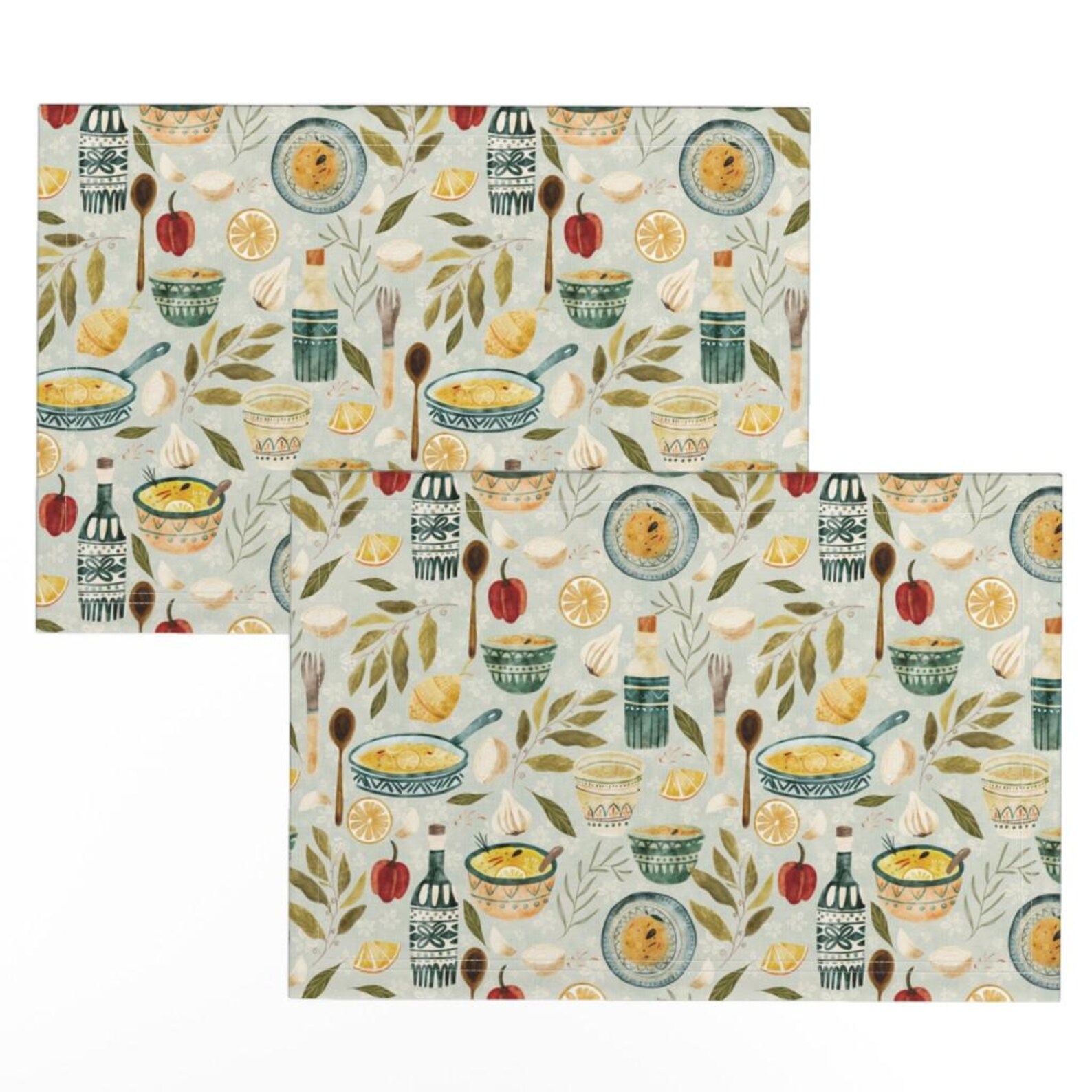 Mediterranean Food Placemats Set of 2 - Cuisine Green Blue Mint ...