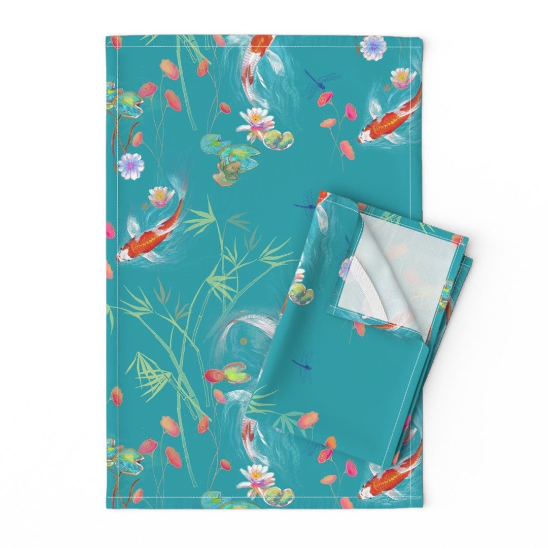 Koi Fish Tea Towels set of 2 Japanese Water Garden Teal by Designed_by ...