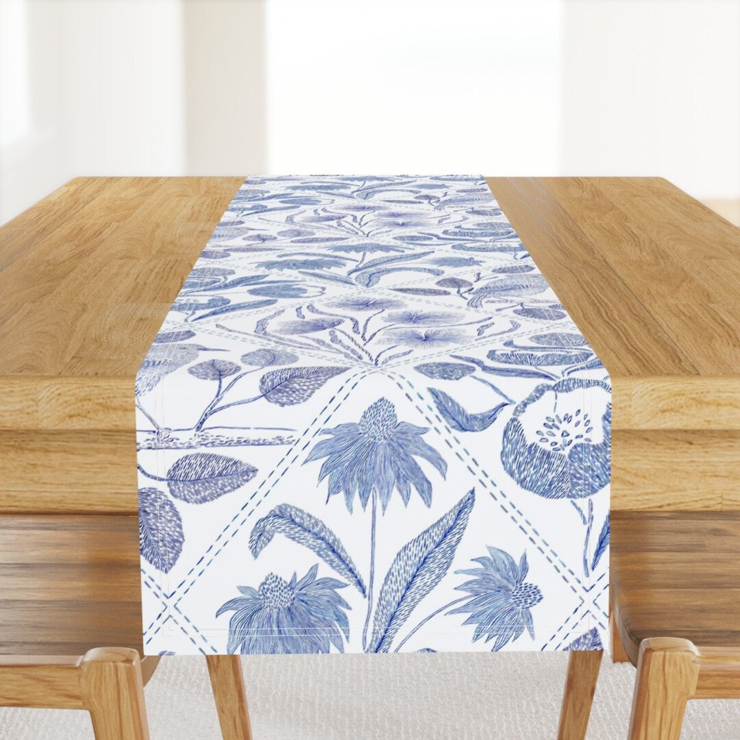 Blue Table Runner Floral Toile by Denesannadesign Flowers - Etsy