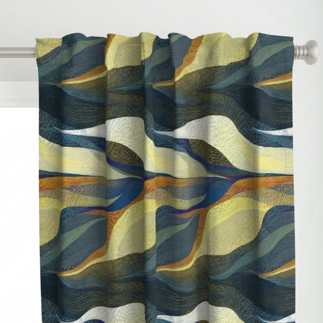 Abstract Curtain Panel - Earth Tone Painterly Blue Tan Brown Modernist ...