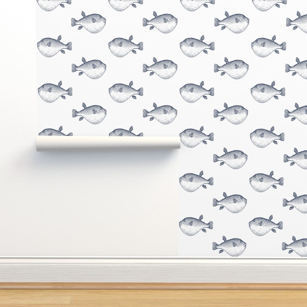 Blowfish Non-pasted Wallpaper Puffer Fish Nautical Coastal Blue White ...