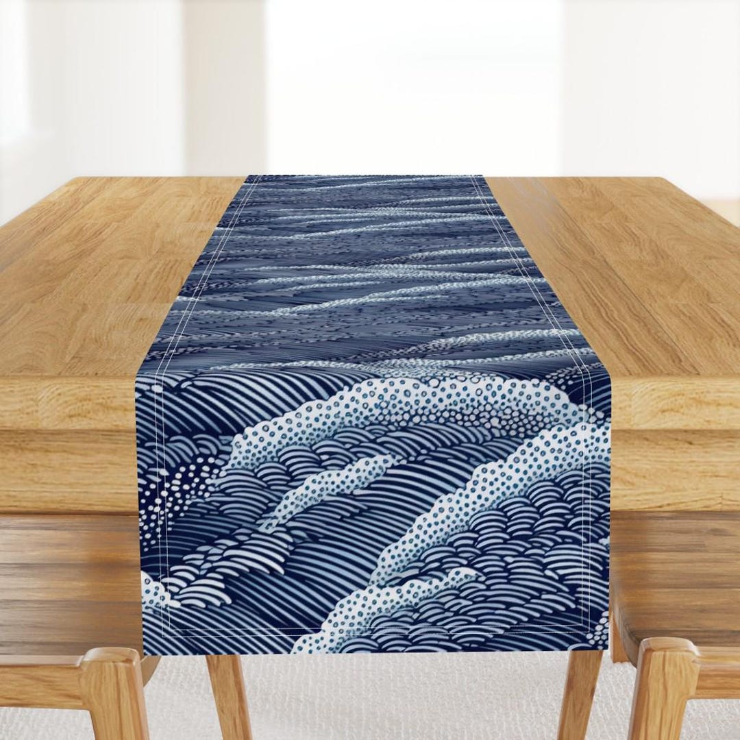 Indigo Waves Table Runner - Rolling Navy Wave by Bicoinu - Modern Japanese Abstract Art Deco ...