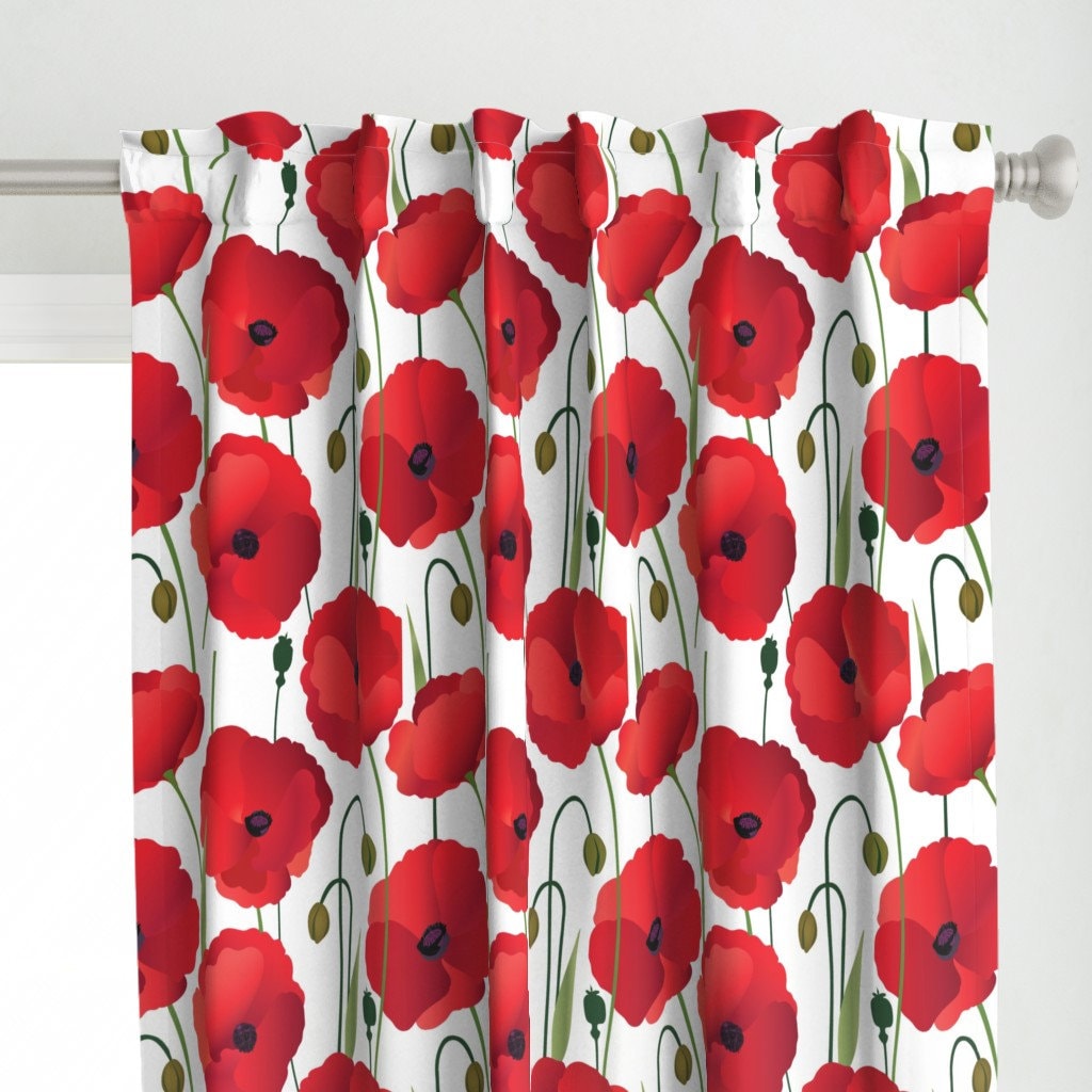 Flowers Curtain Panel Red Poppies Large Print On White by | Etsy