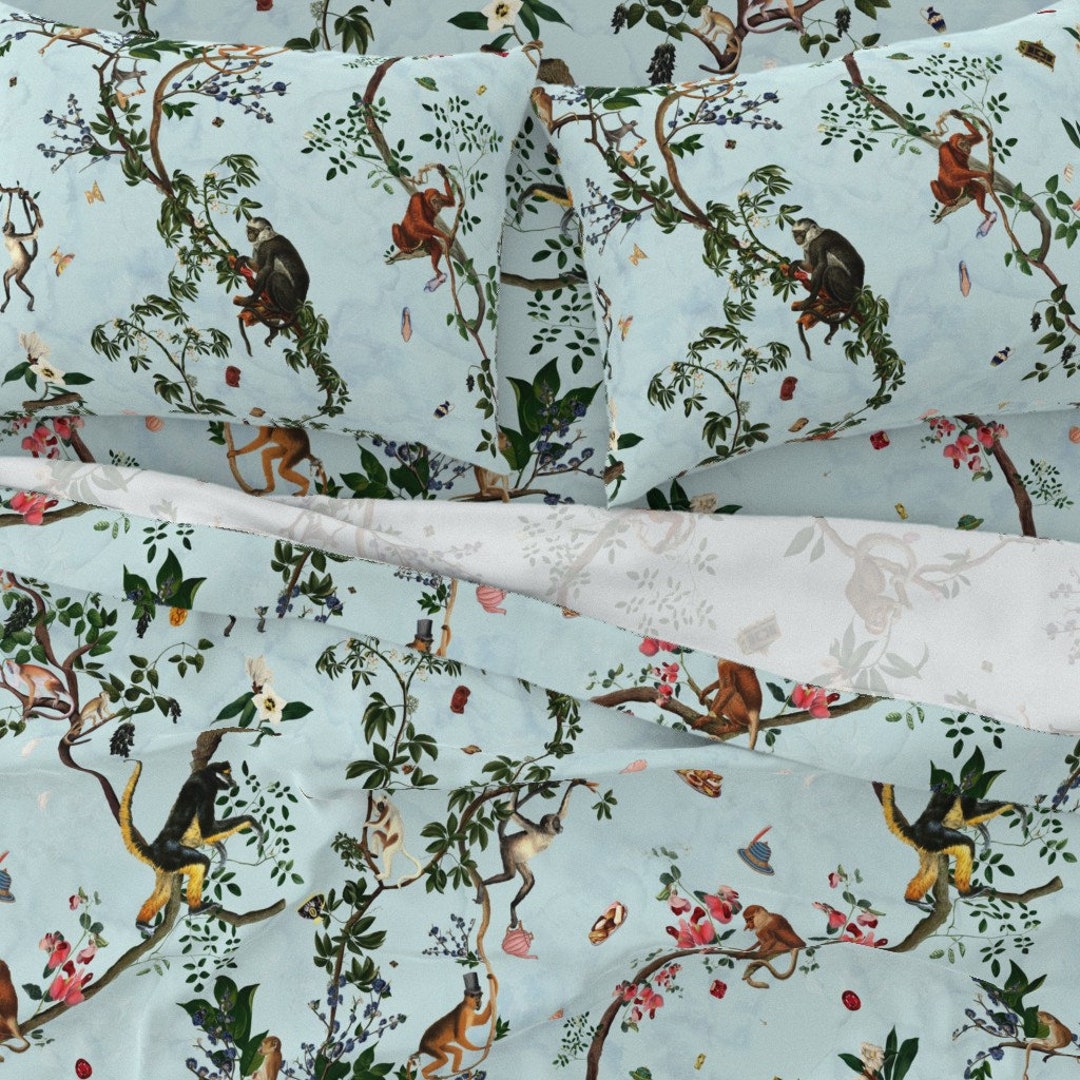 Monkey Chinoiserie Sheets Monkey World Blue by Fifikoussout - Etsy