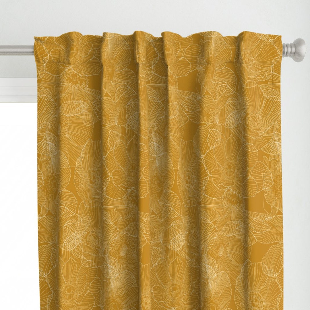 Anemone Floral Curtain Panel Anemones Line Art by House_of_haricot Mustard Gold Large Scale ...