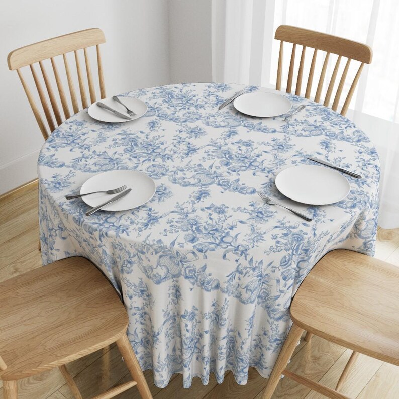 Blue Tablecloth - Blueberry Toile by Lilyoake - Toile Fruit Roses Bee ...