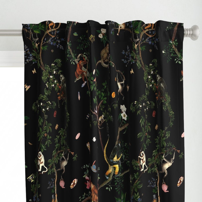 Exotic Monkey Curtain Panel - Jungle Forest Chinoiserie Black Green ...