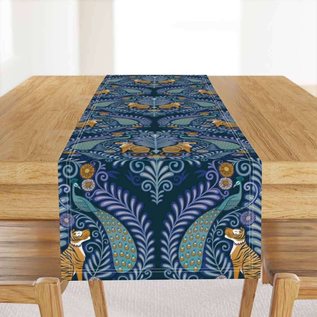 Teal Peacock Table Runner - Damask Mustard Tiger Rococo Baroque Cotton ...