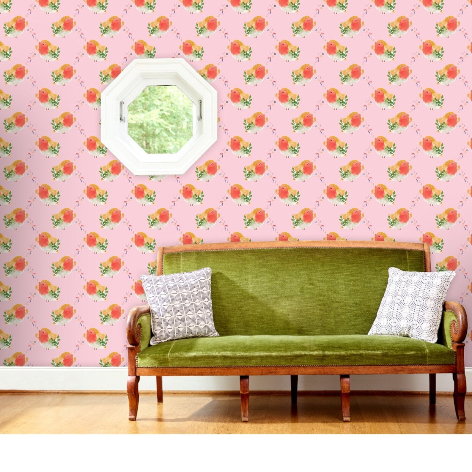 Watercolor Robin Non-pasted Wallpaper Pastel Rose Pink Songbird - Robin ...