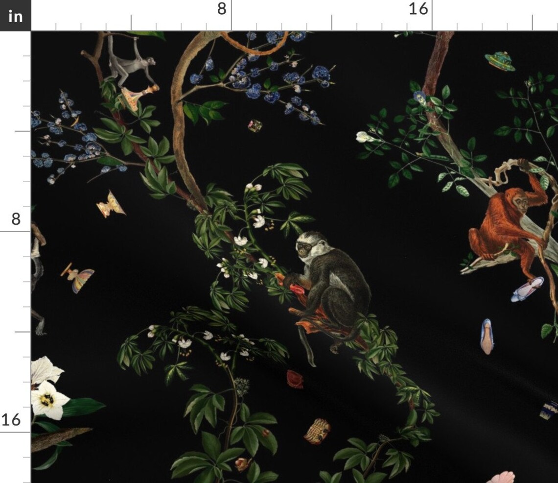 Exotic Monkey Curtain Panel - Jungle Forest Chinoiserie Black Green ...