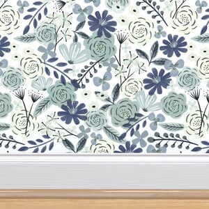 Blue Boho Floral Non-pasted Wallpaper - Flower Child Boho by Roochita ...