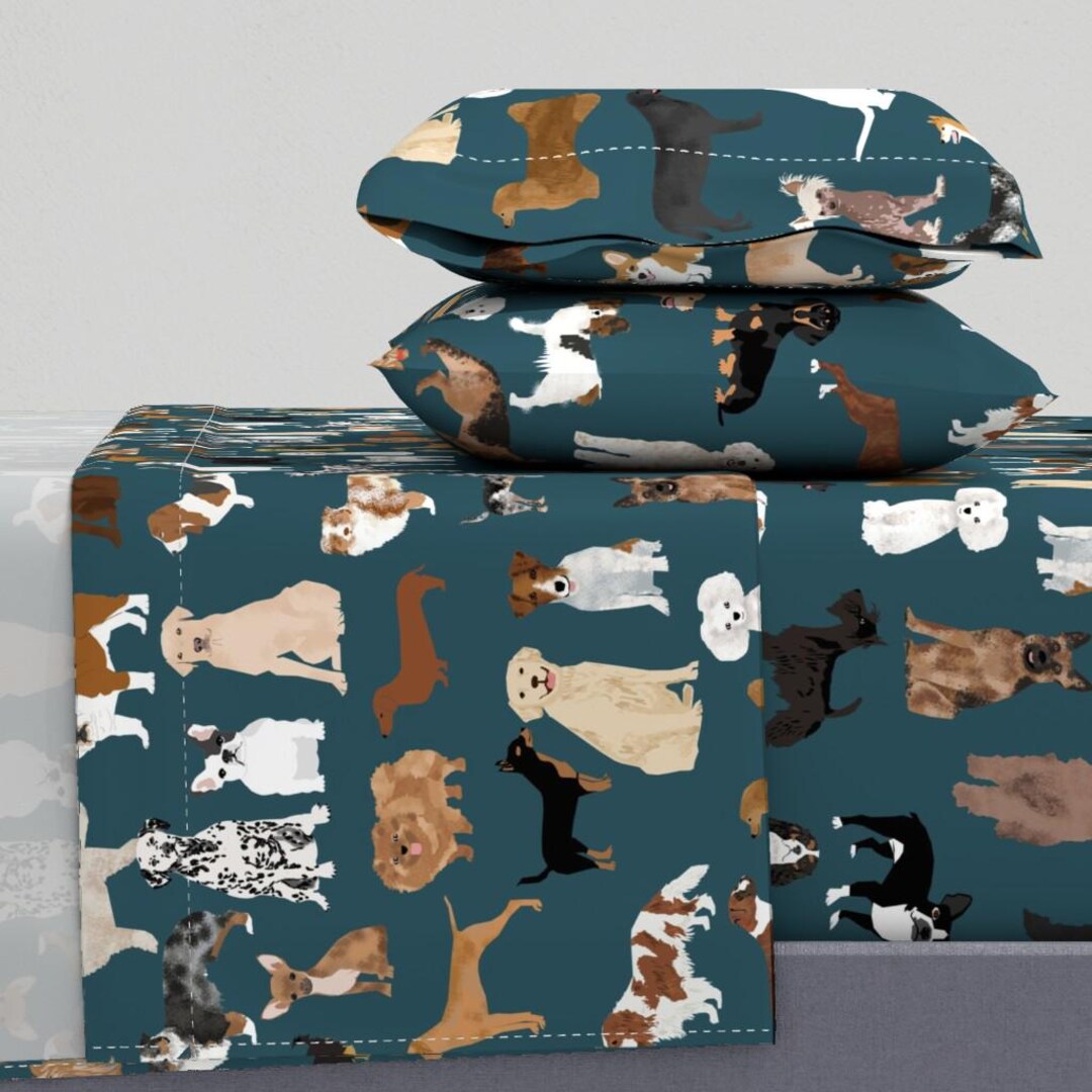 Dog Breeds Sheets - Dogs on Navy by Petfriendly - Watercolor Large ...