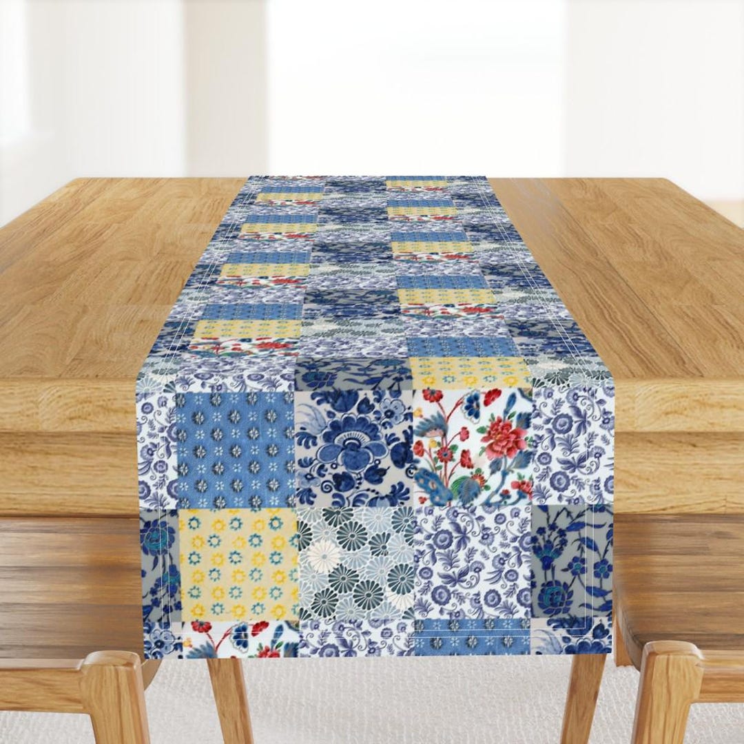 Blue Yellow Chintz Table Runner - Delft Quilt by Ragan - Floral Quilt Topper Wholecloth ...
