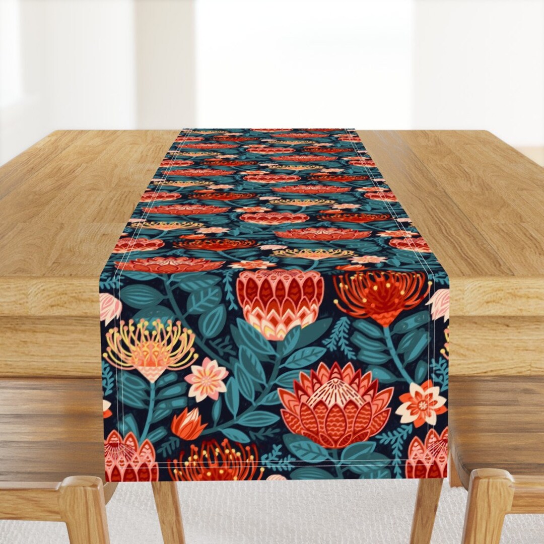 Pincushion Proteas Table Runner - African Flowers Red and Teal Fynbos African Cotton Sateen ...