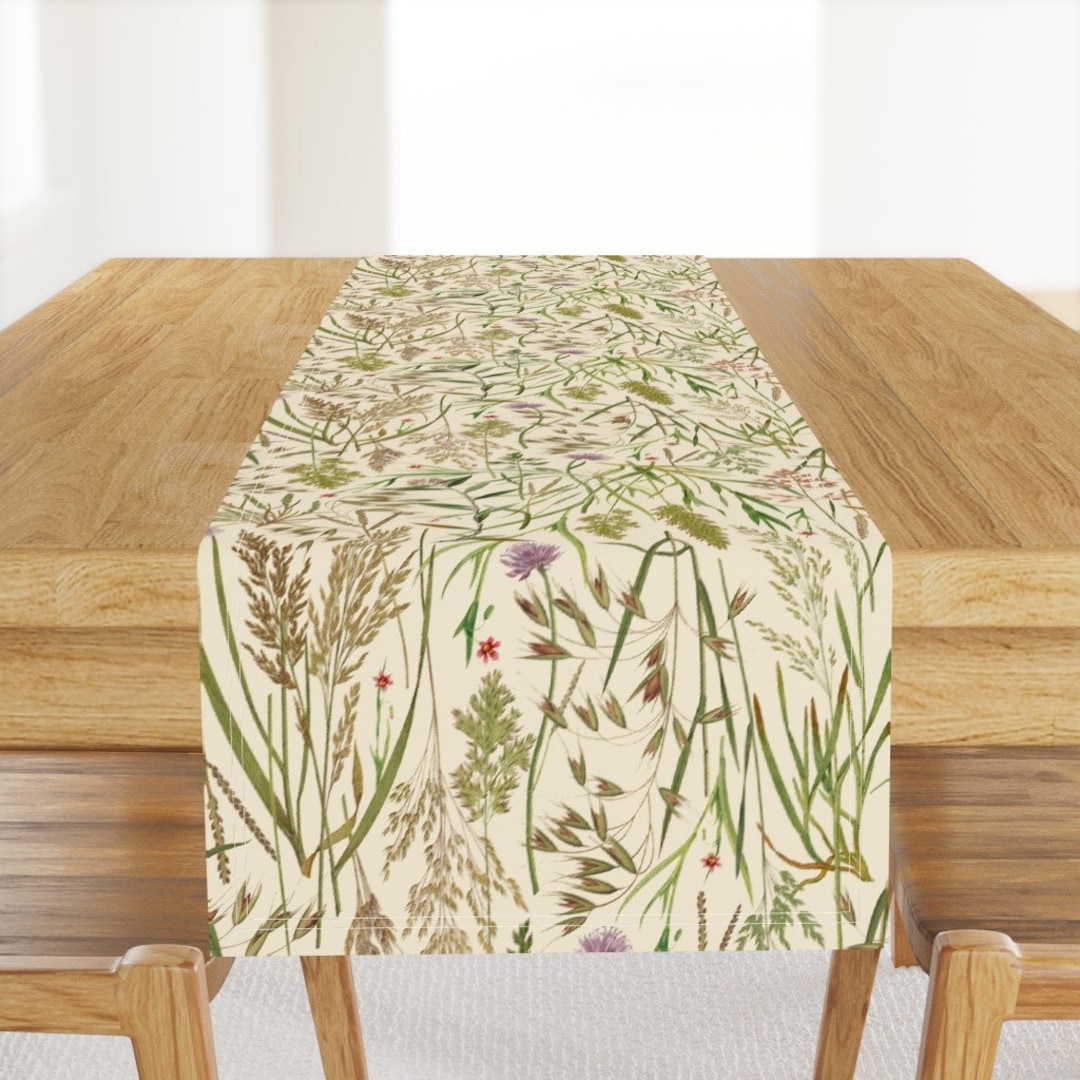 Garden Botanical Table Runner - Cream Nature Grass Wild Plants Cotton ...