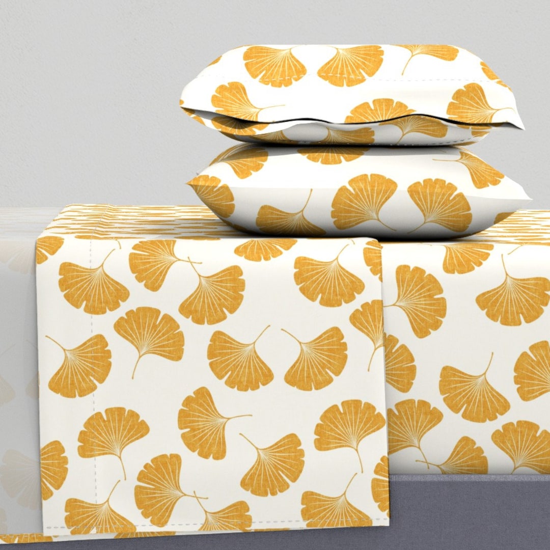 Autumn Ginkgo Sheets Ginkgo Leaves Saffron by Littlearrowdesign Mustard ...