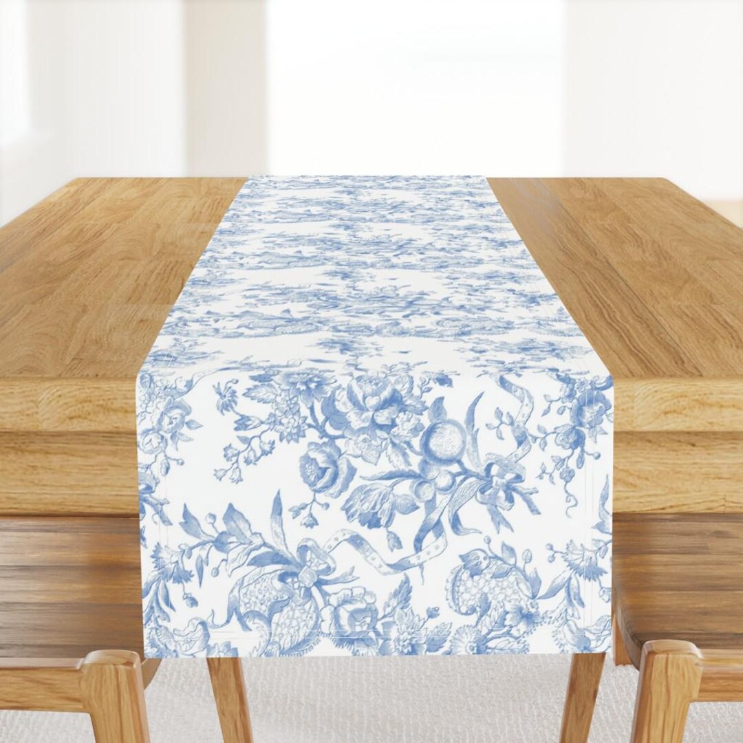 Blue Table Runner - Blueberry Toile by Lilyoake - Toile Fruit Roses Bee ...