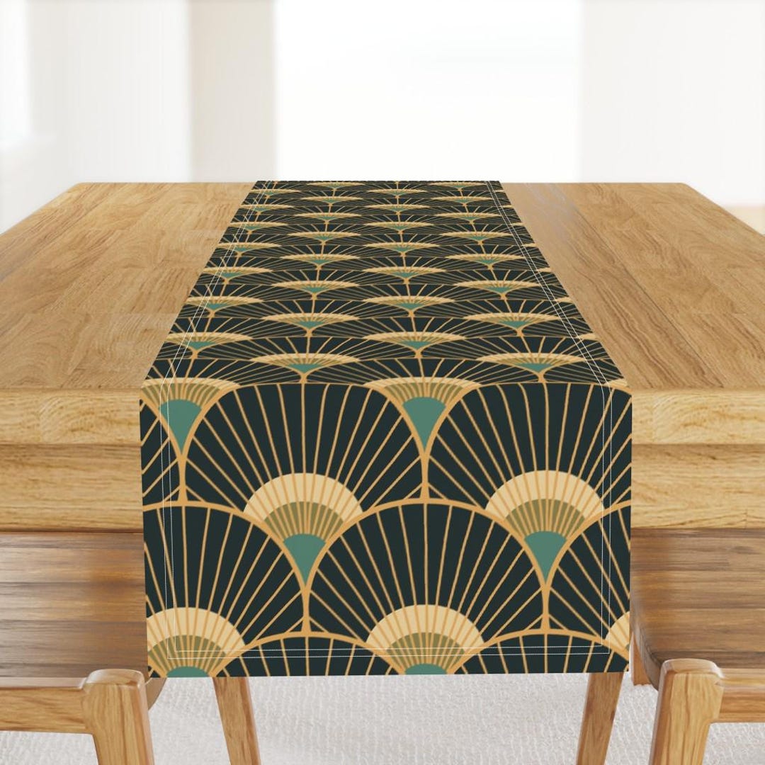 1920s Deco Table Runner - Fans Vintage Gold Teal Scallop Glamorous ...