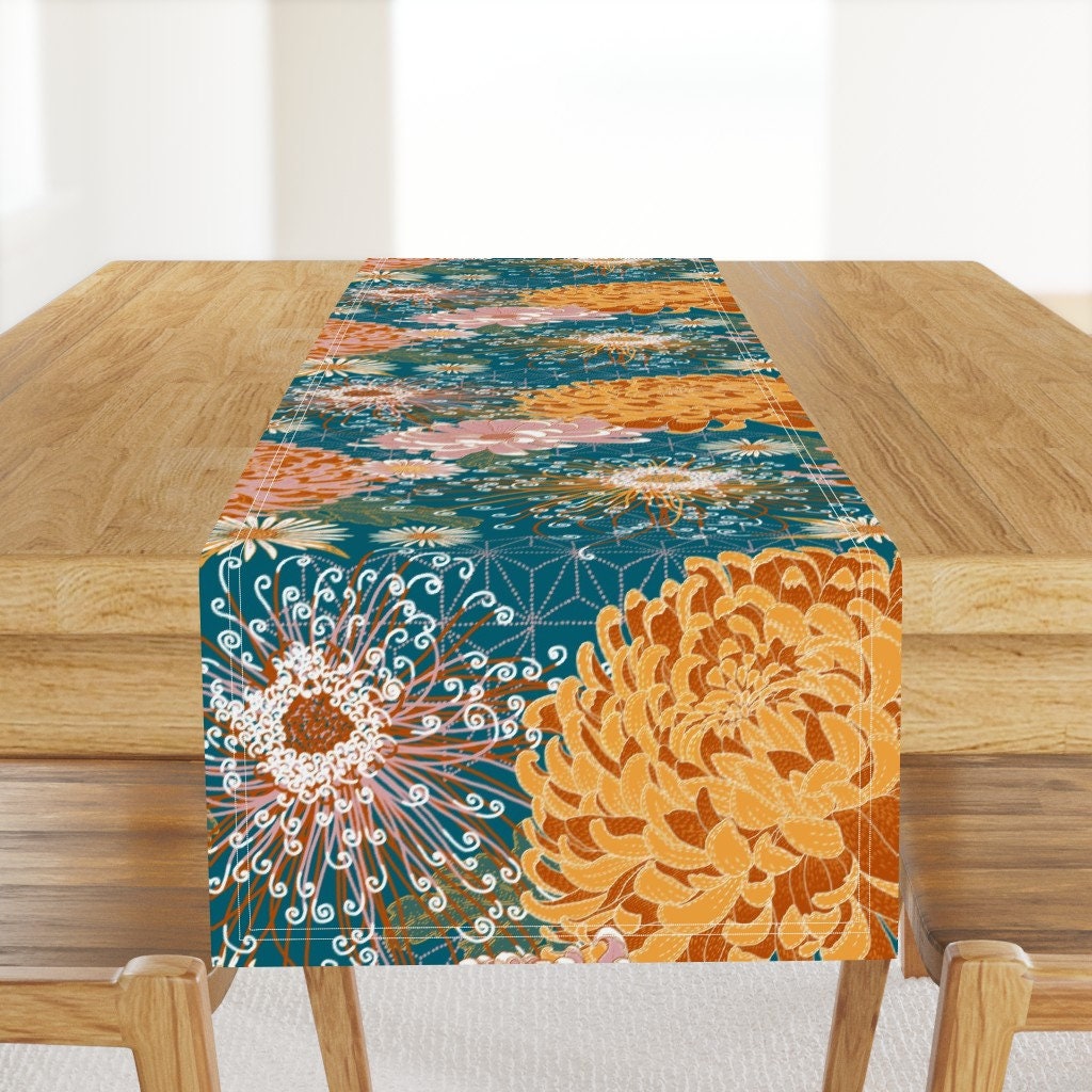 Autumn Flowers Table Runner - Japanese Inspired Large Scale Floral ...