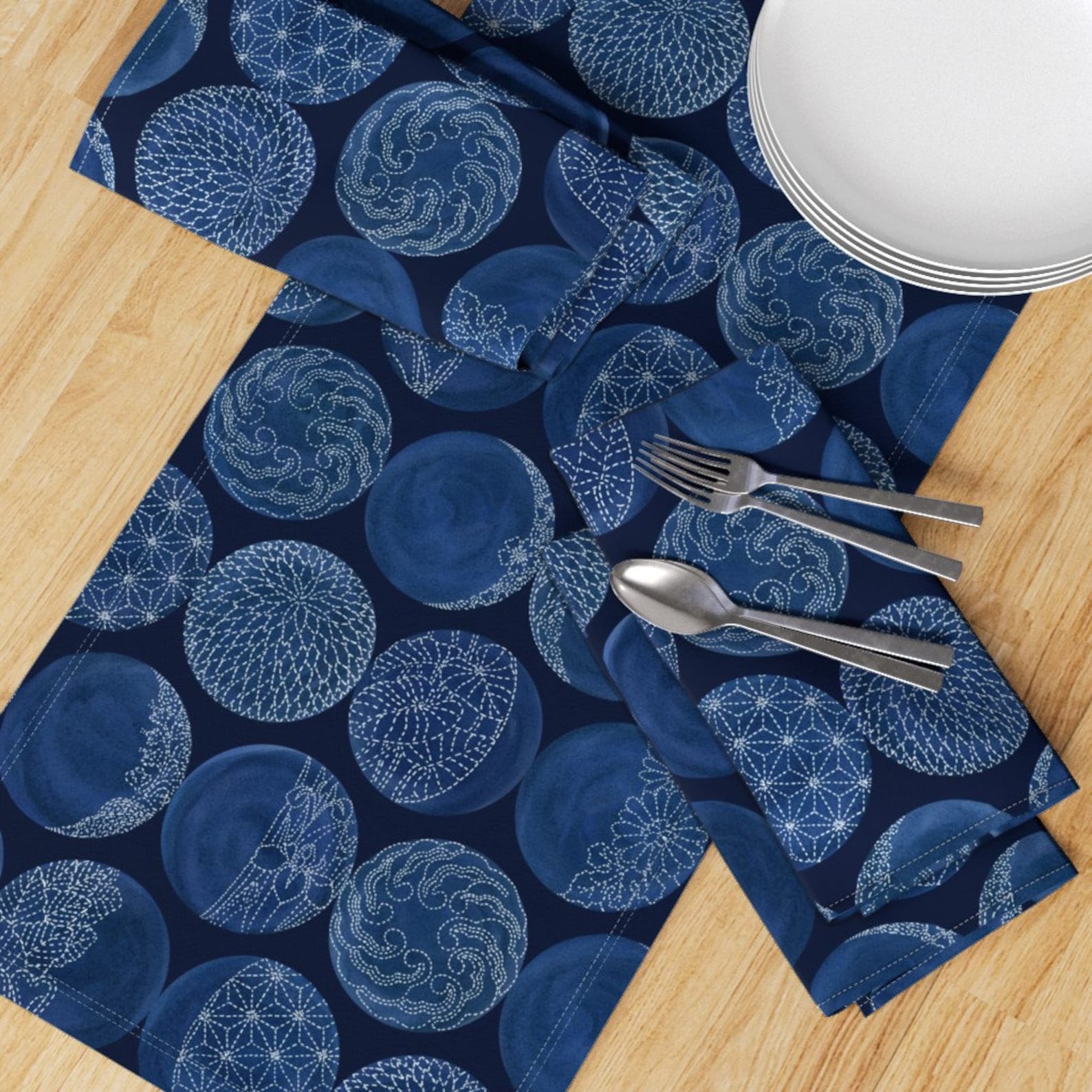 Japanese Inspired Table Runner - Sashiko Moons Indigo Blue Asia Outer ...