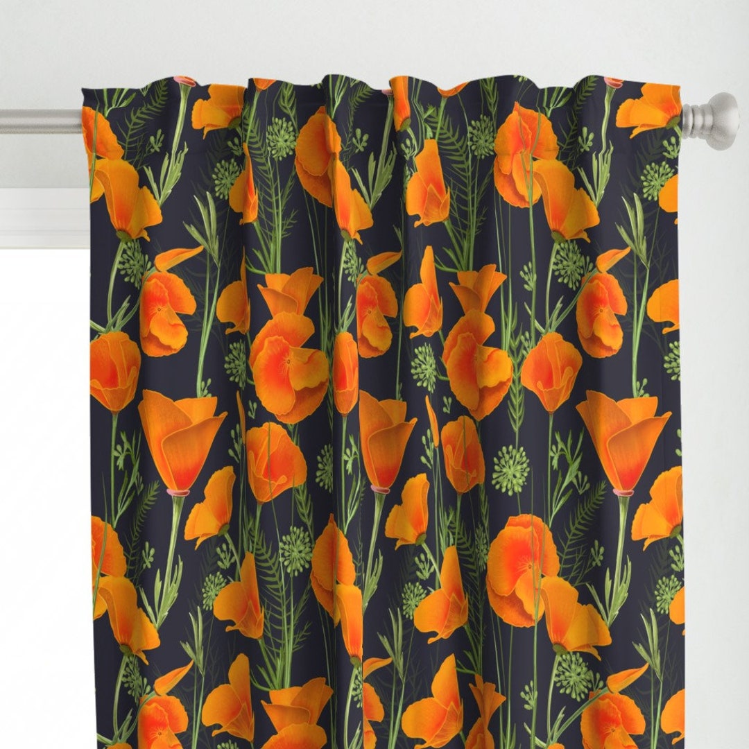 Orange Poppies Curtain Panel - California Poppy Orange Blue Floral Art ...