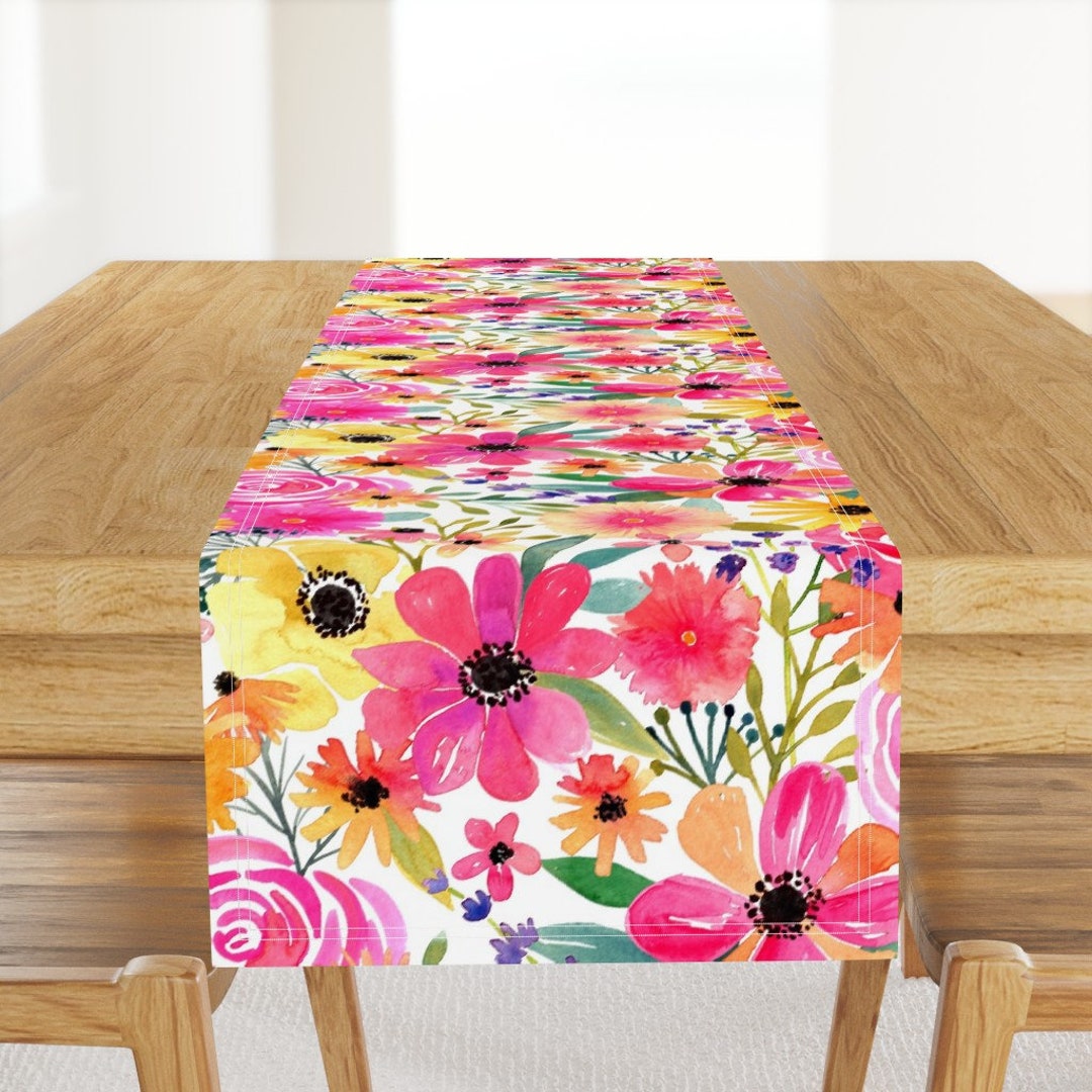 Bright Pink Floral Table Runner - Watercolor Flower Frenzy by ...