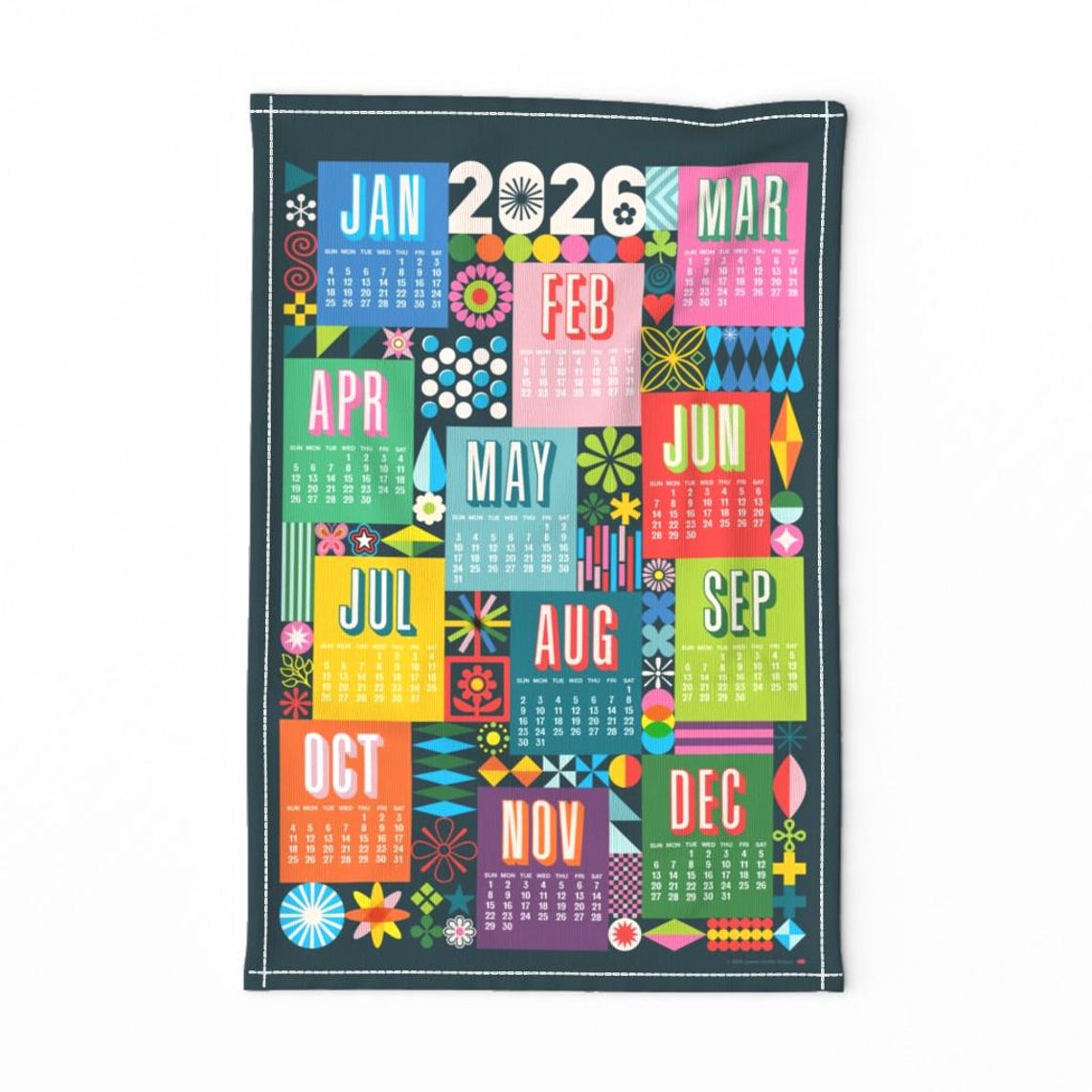 2026 Calendar Tea Towel - Quilt Block Calendar by Pennycandy - Colorful ...