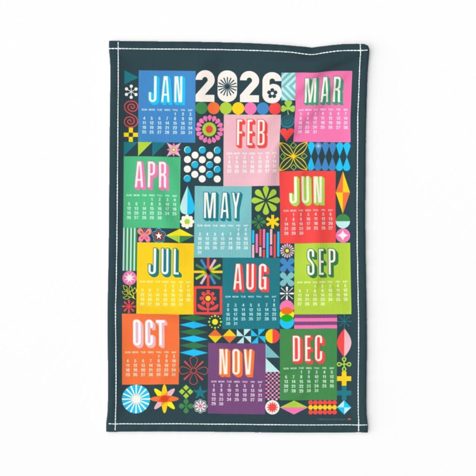 2026 Calendar Tea Towel - Quilt Block Calendar by Pennycandy - Colorful ...