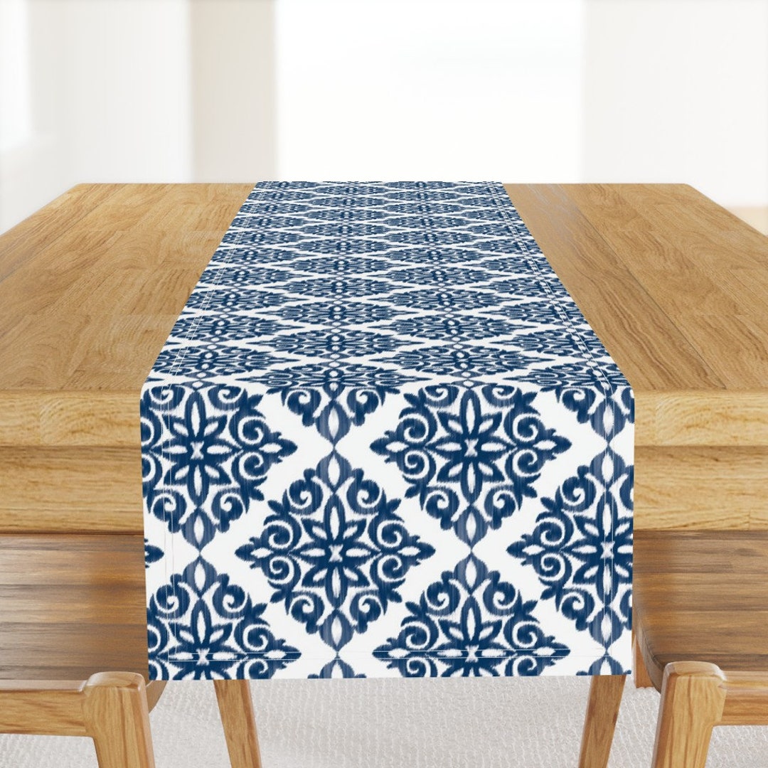 Blue and White Table Runner - Modern Damask in Navy by Sugarfresh ...