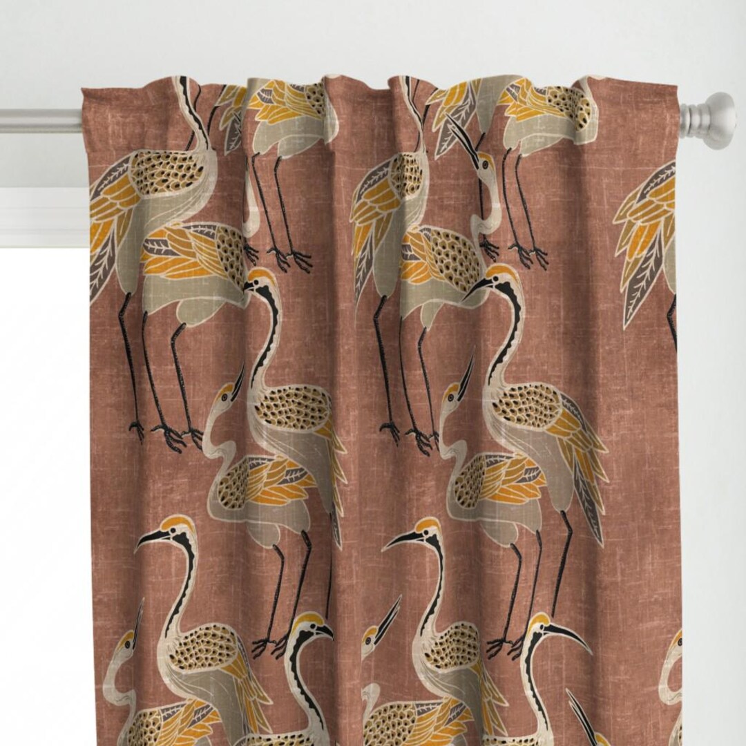 Art Deco Bird Curtain Panel - Cranes Clay Brown Large Scale Chinoiserie ...