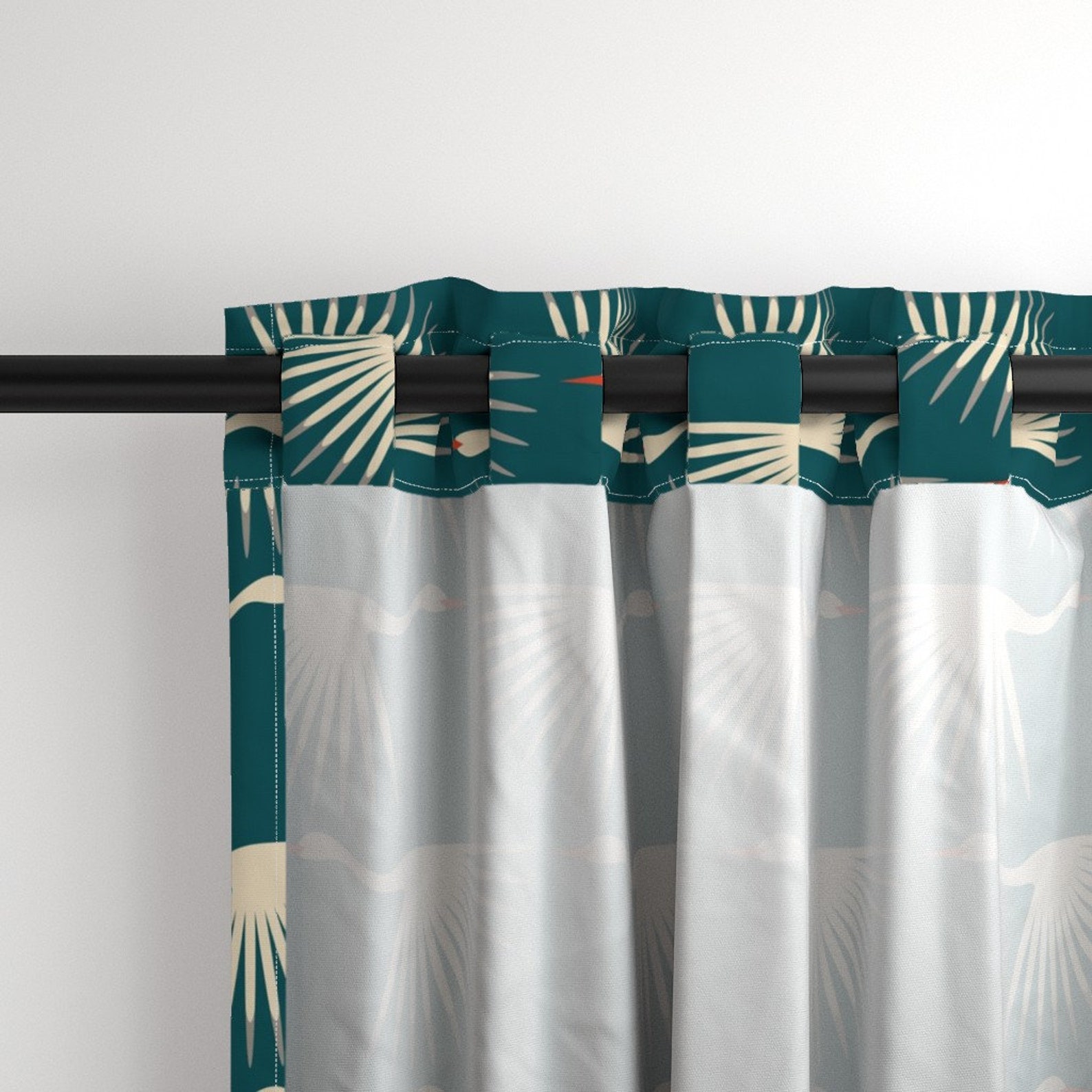 Birds Curtain Panel - Teal Art Deco Crane Fly Long Neck Wings Sunburst ...