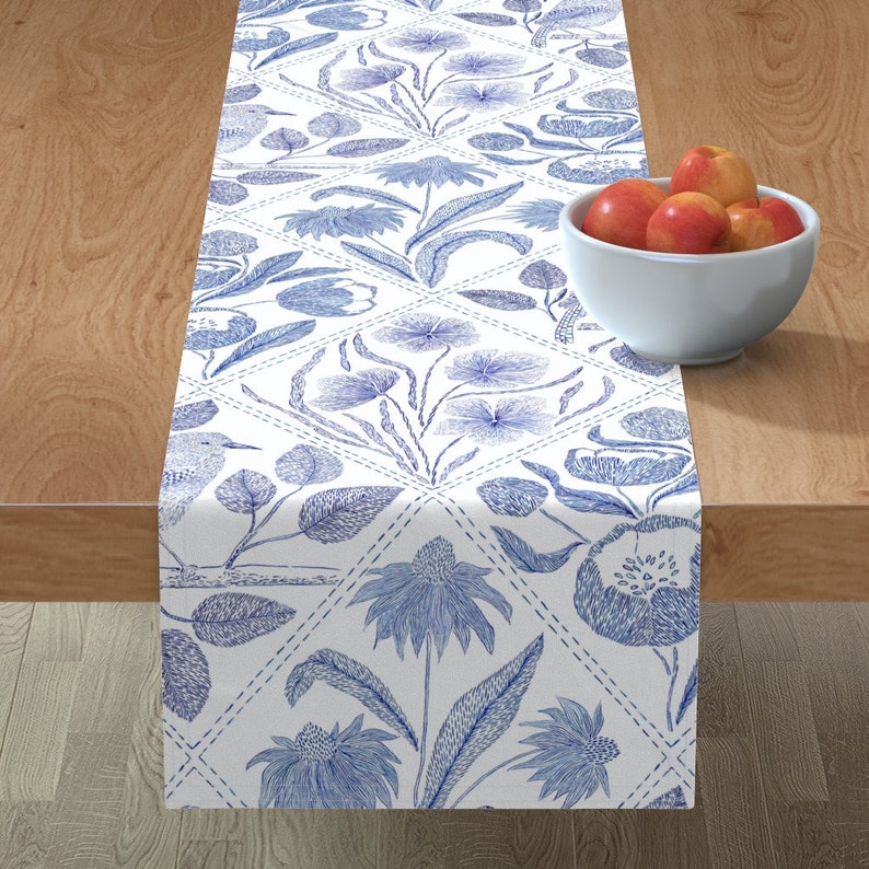 Blue Table Runner Floral Toile by Denesannadesign Flowers - Etsy
