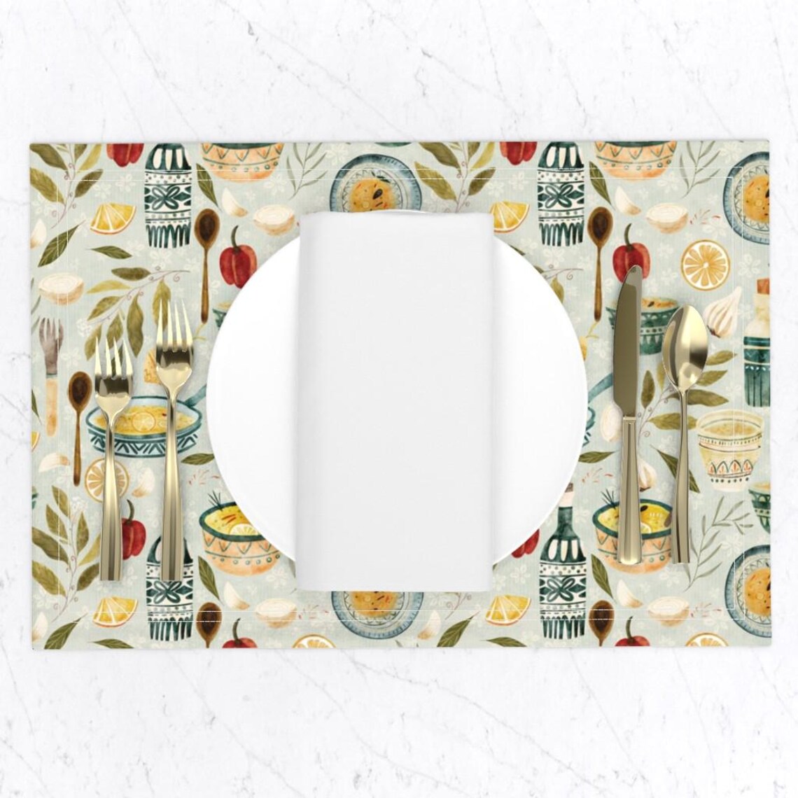 Mediterranean Food Placemats Set of 2 - Cuisine Green Blue Mint ...