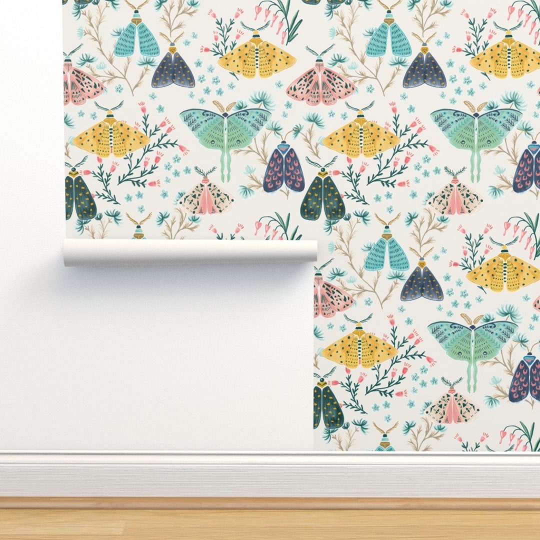 Hand Painted Moths Commercial Grade Wallpaper Moths in Pastels by ...