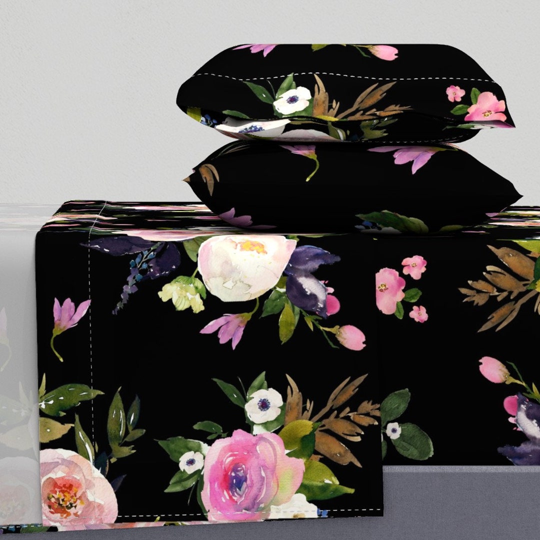 Watercolor Roses Sheets Colette Blooms Black by Shopcabin Romantic ...
