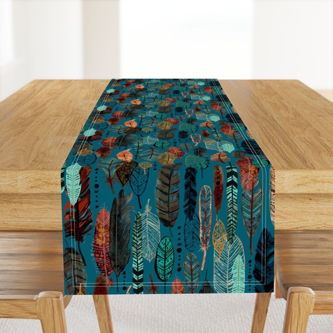 Teal Feathers Table Runner Feathers on Blue by Sarah_treu Boho Botanical Bohemian Autumn Cotton ...