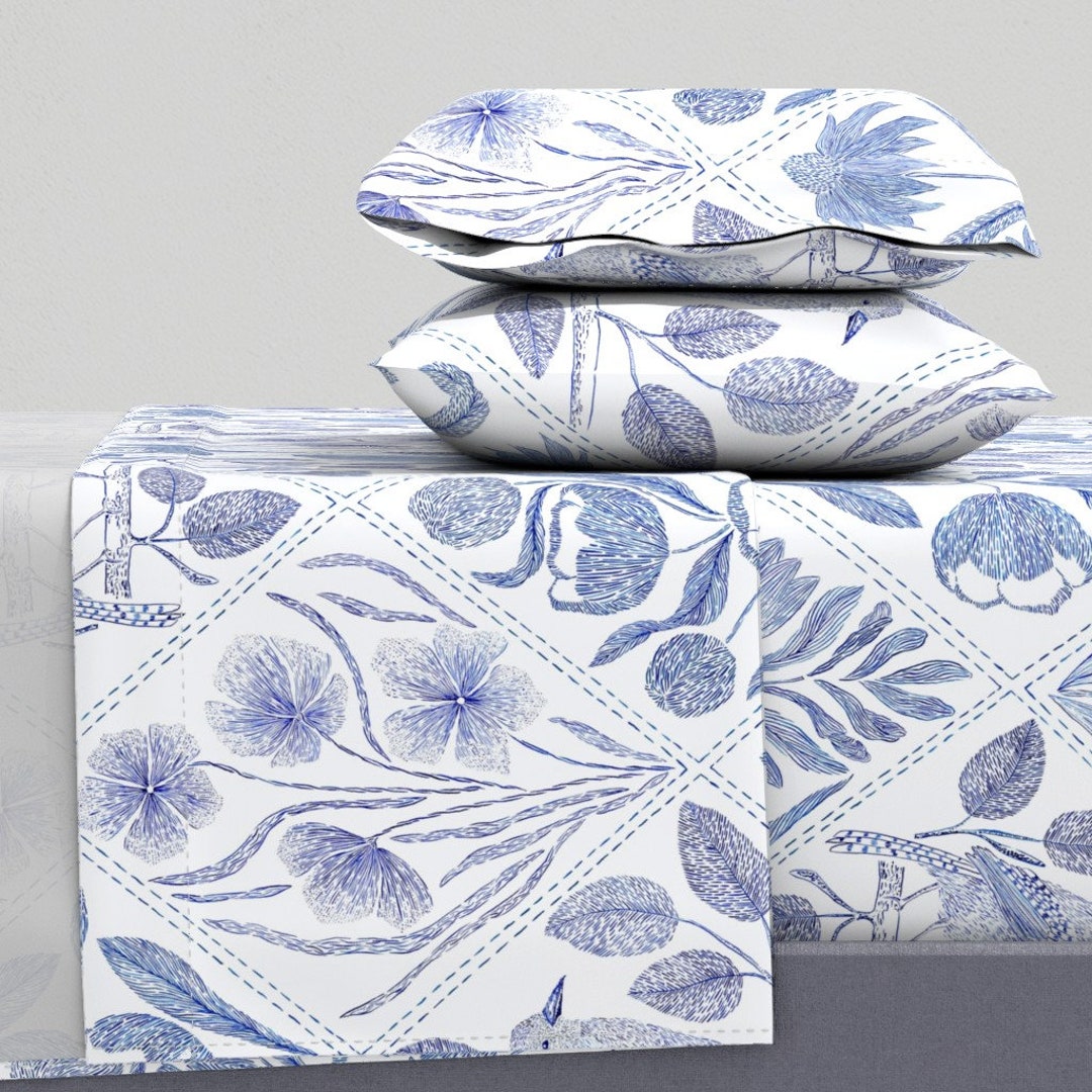 Blue Sheets Floral Toile by Denesannadesign Flowers Bird Nature Hand ...