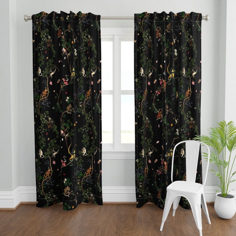 Exotic Monkey Curtain Panel - Jungle Forest Chinoiserie Black Green ...