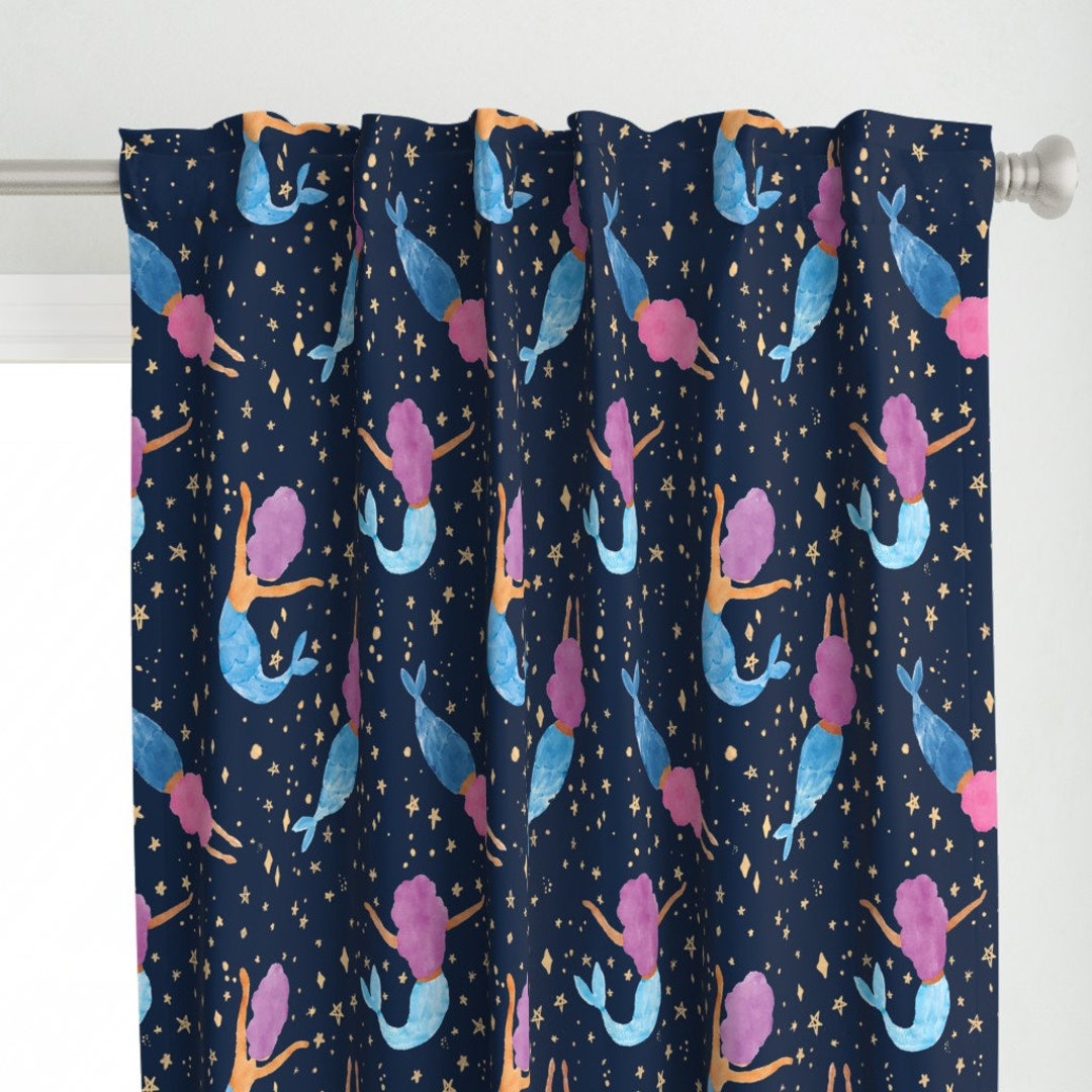 Watercolor Mermaid Curtain Panel - Night Sky Purple Gold Blue Fairy ...