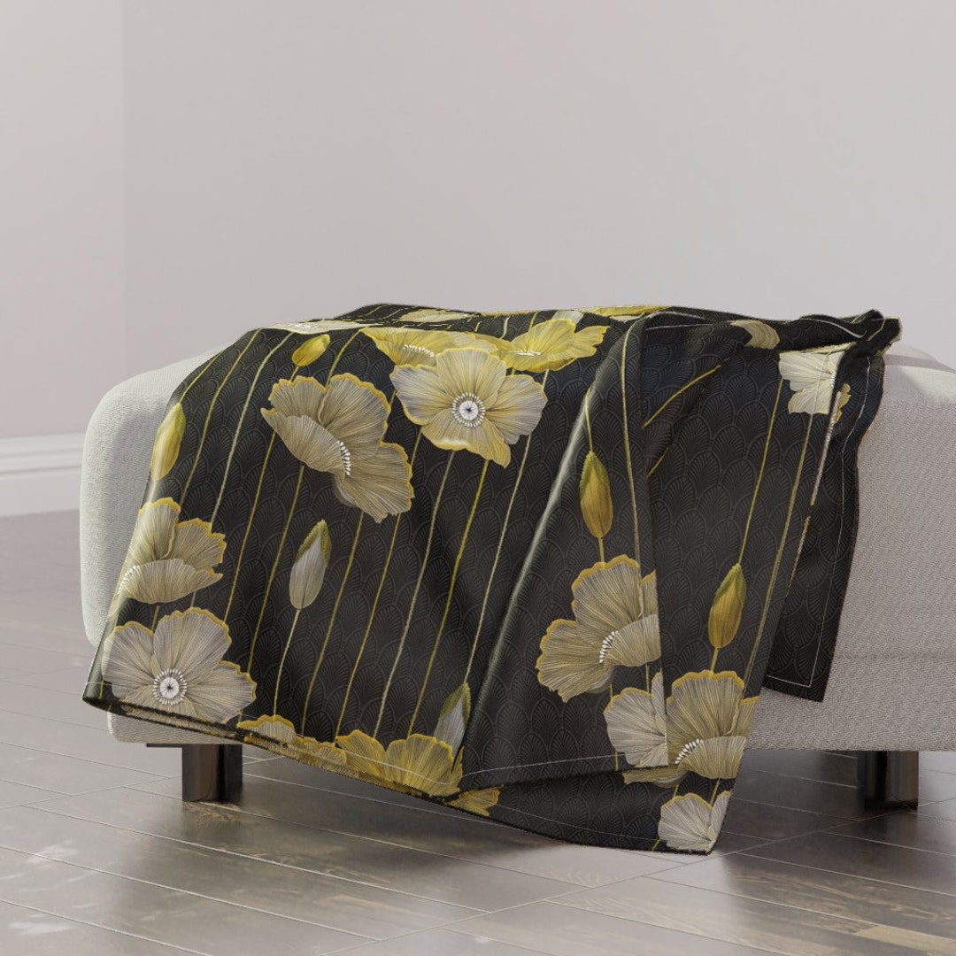Art Deco Throw Blanket Big Golden Poppies by J9design - Etsy