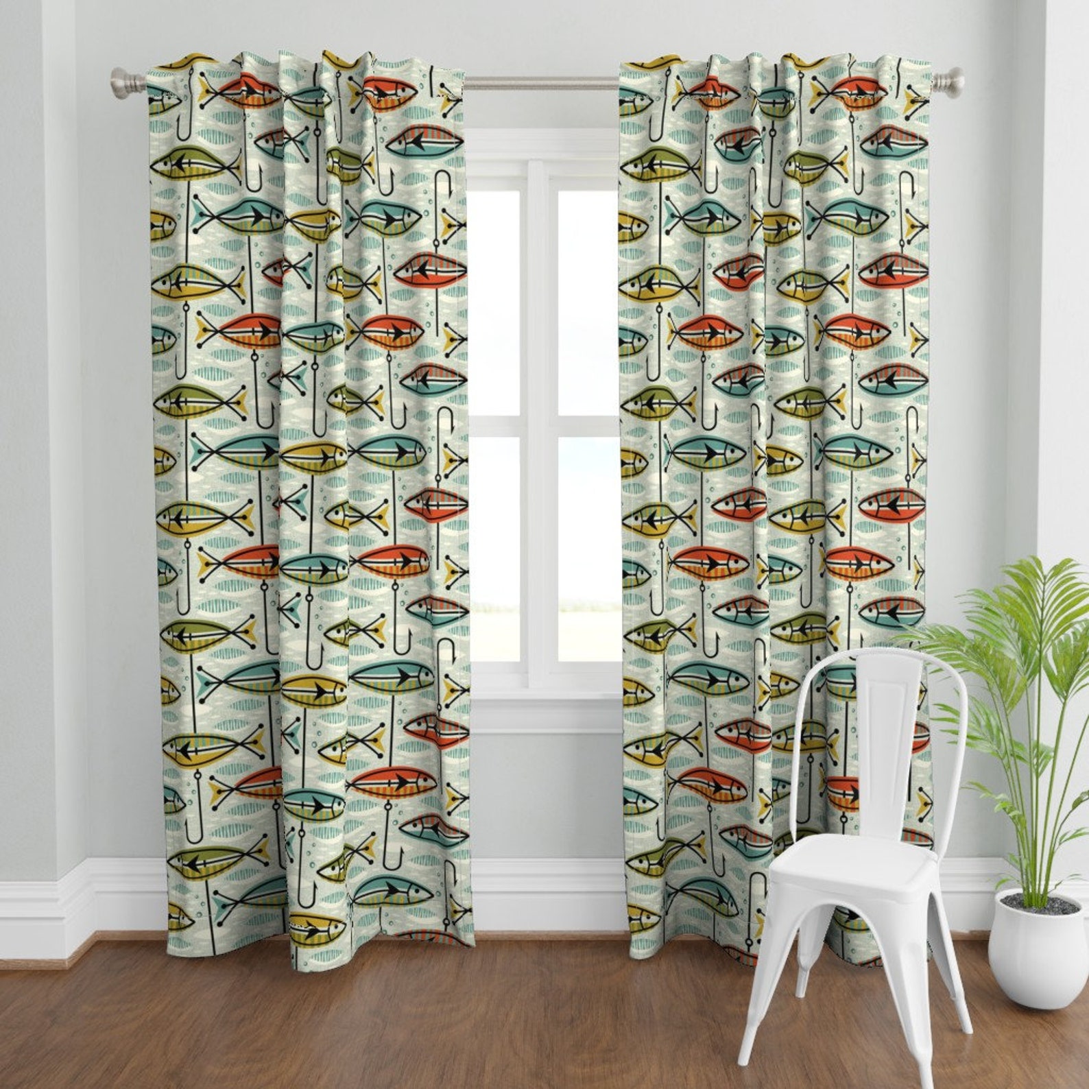 Retro Nautical Fish Curtain Panel Retro Colorblock by - Etsy