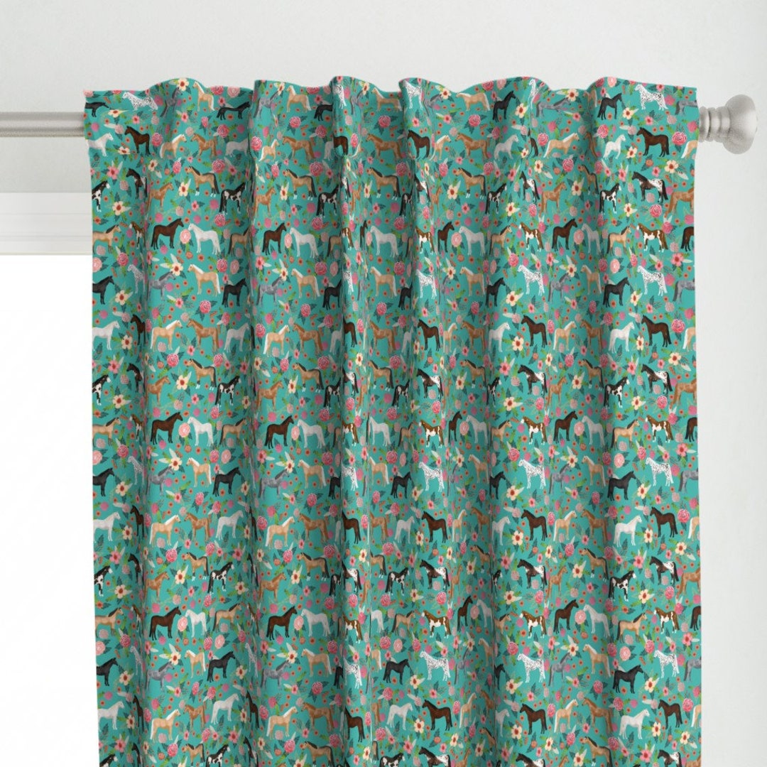 Watercolor Horses Curtain Panel Horses on Floral by Petfriendly Aqua ...
