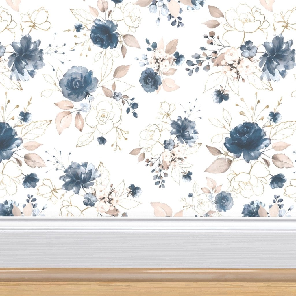 Soft Blue Floral Non-pasted Wallpaper Watercolor Blue Botanical Meadow ...