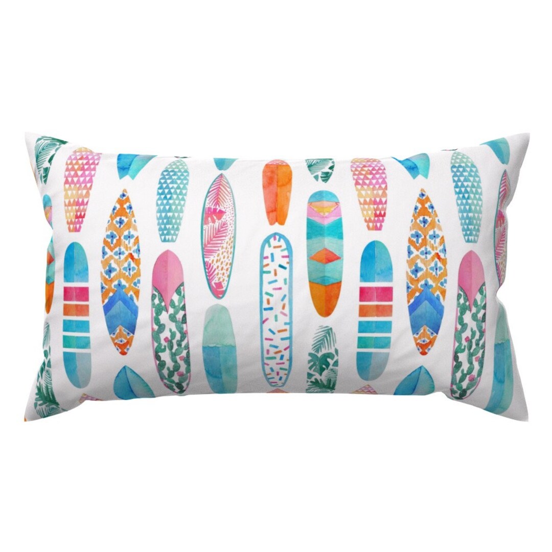 Watercolor Surfboard Lumbar Pillow - Surfboards by Tasiania - Tropical ...