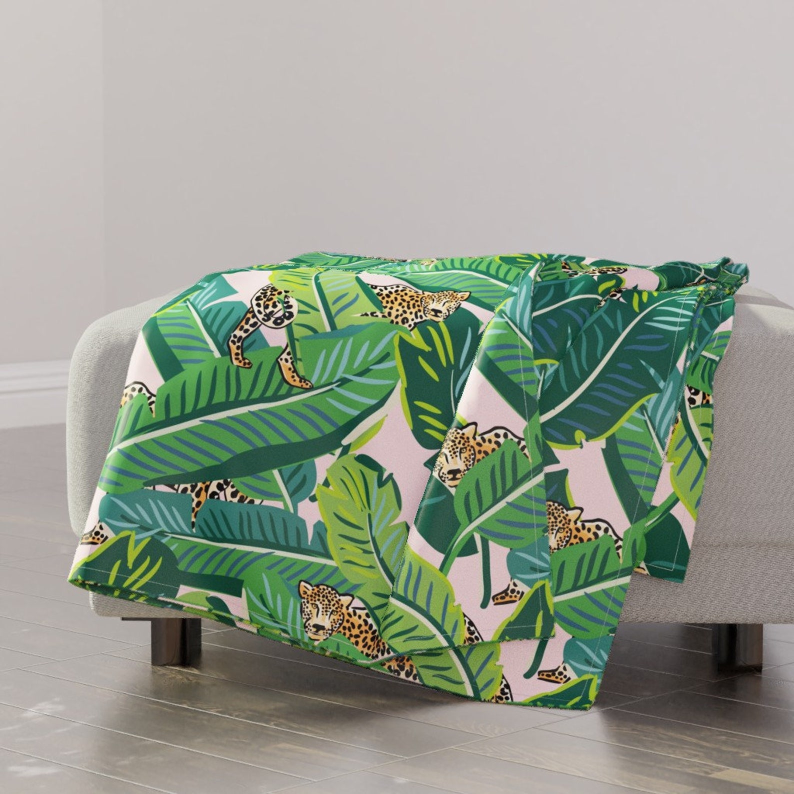 Jungle Throw Blanket Cheetah & Tropical Leaves on Pink by - Etsy