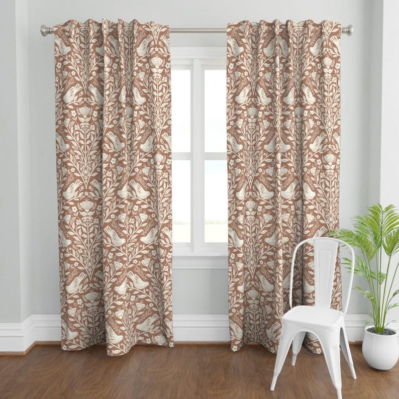 Whimsical Curtain Panel - Cottagecore Botanical Birds Crosshatch Floral ...