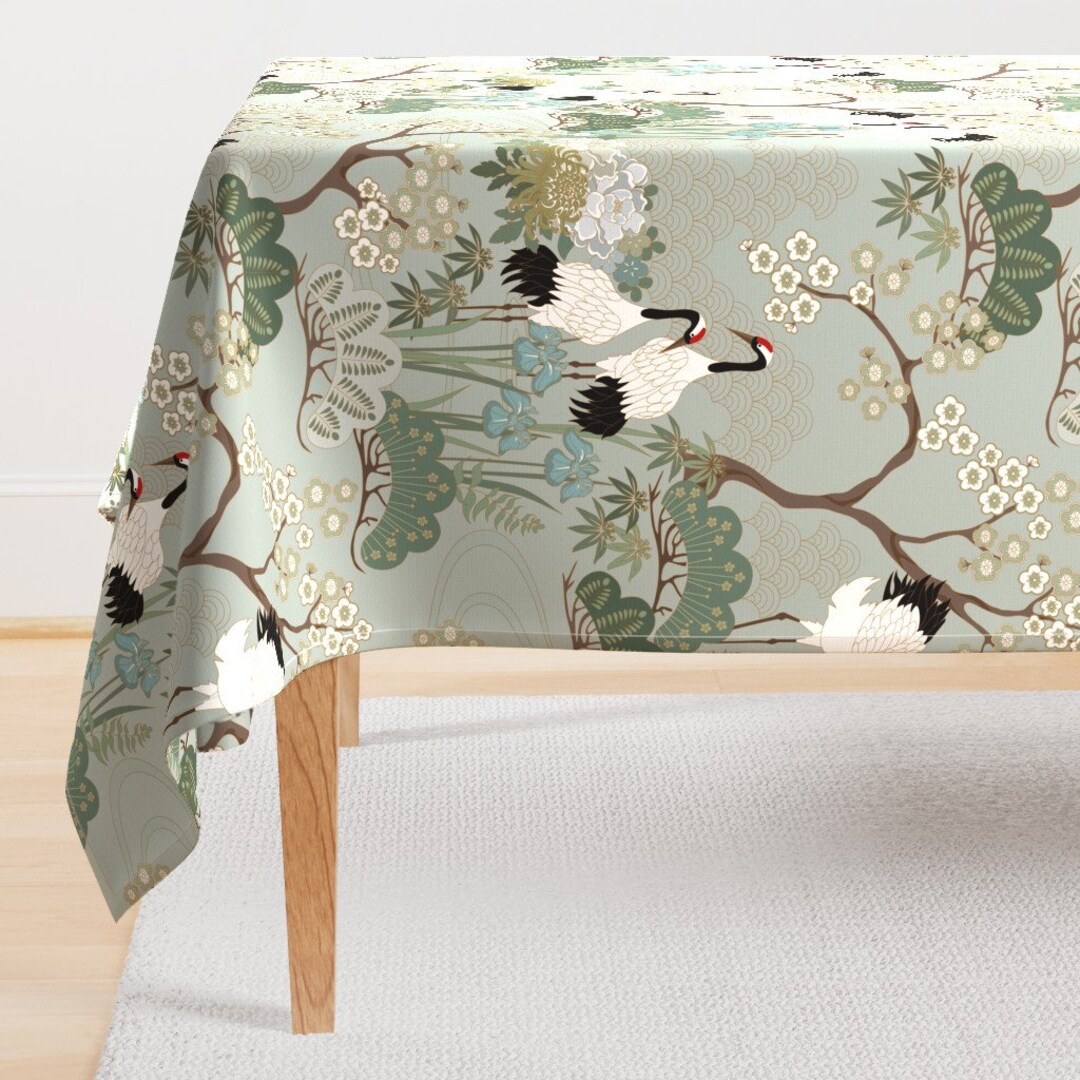 Crane Chinoiserie Tablecloth Japanese Garden Sage by Juditgueth Sakura ...