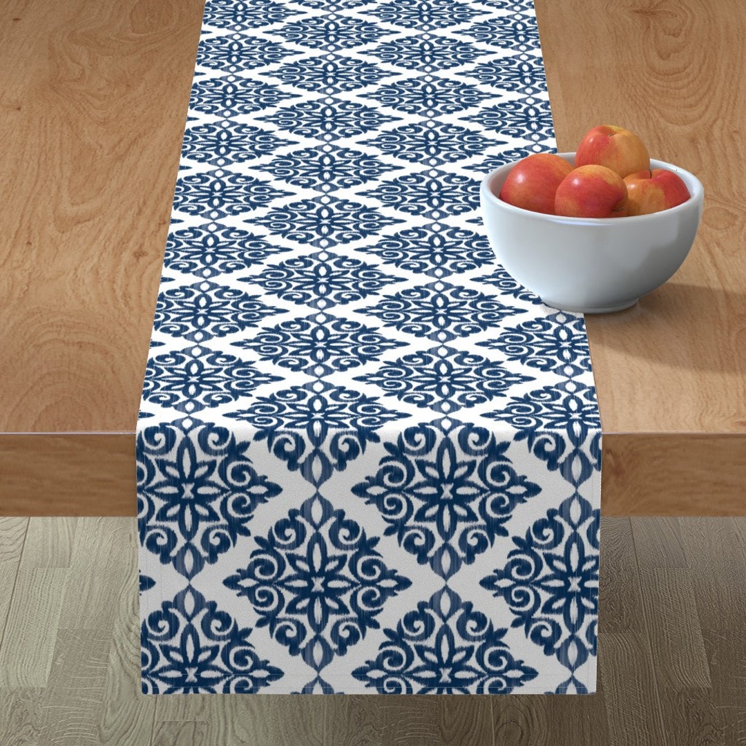 Blue and White Table Runner Modern Damask in Navy by - Etsy